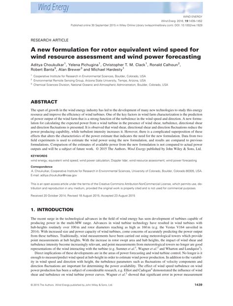 Pdf A New Formulation For Rotor Equivalent Wind Speed For Wind Resource Assessment And Wind