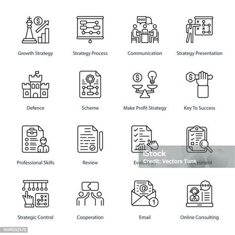 성장 전략 전략 프로세스 커뮤니케이션 전략 프리젠 테이션 방어 계획 이익 전략 만들기 성공의 열쇠 전문 기술 검토 개요 아이콘스트로크 벡터 0명에 대한 스톡 벡터 아트 및