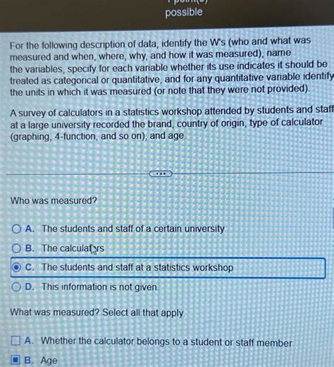 Solved For The Following Description Of Data Identify The Chegg