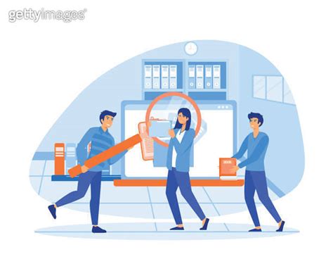 People Taking Documents From Shelves Using Magnifying Glass And Searching Files In Electronic