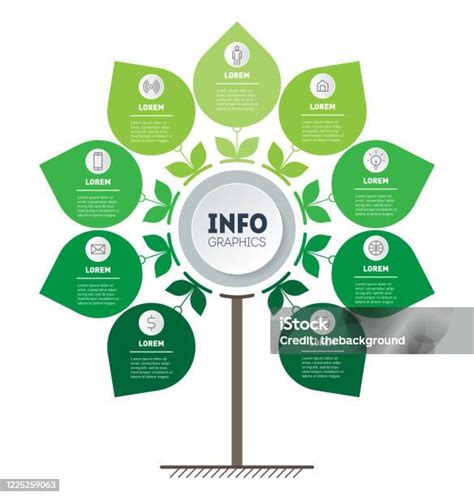 9단계의 타임라인 또는 인포그래픽 녹색 기술의 개발과 성장의 나무 타임 라인 에코 비즈니스 컨셉은 9 가지 옵션 부품 벡터 인포그래픽에 대한 스톡 벡터 아트 및 기타 이미지