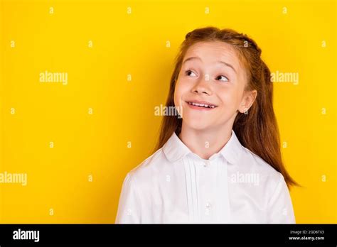 Portrait Of Young Smiling Beautiful Schoolgirl Look Copyspace Dreaming