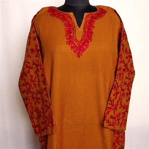 Dark Mustard Cashmilon Sidepanel Pheran With Aari Work Gyawun