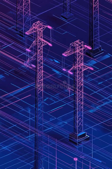 Isometric Blueprint Showing The Distribution Of High Voltage Power Across Urban Districts Stock