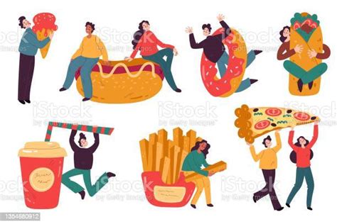 패스트 푸드를 가진 사람들 핫도그와 도넛을 들고 행복한 캐릭터 감자 튀김과 큰 피자 조각 아이스크림을 먹는 남자 큰 부리토를