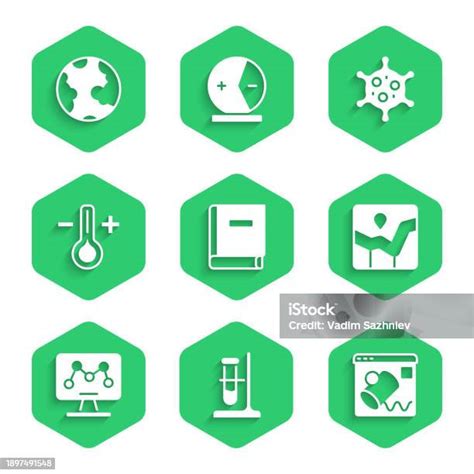 세트 과학 책 시험관 플라스크 스탠드 데이터 시각화 그래프 차트 인포 그래픽 유전 공학 온도계 바이러스 및 지구 지구 아이콘