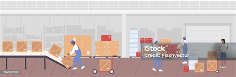 창고 벡터 일러스트레이션에서 일하는 사람들 만화 플랫 맨 우먼 캐릭터는 컨베이어 라인에서 상자를 언로드 물류 서비스 배경