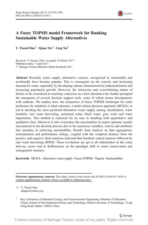 a fuzzy topsis model framework for ranking sustainable water supply