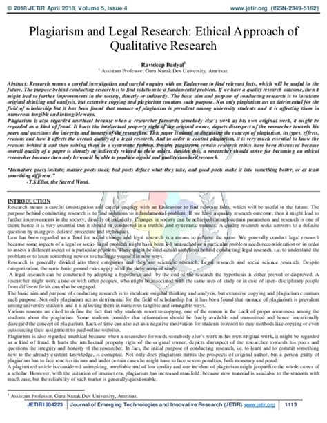 Pdf Plagiarism And Legal Research Ethical Approach Of Qualitative Research