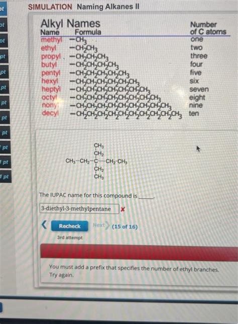 solved simulation naming alkanes ii the iupac name for this