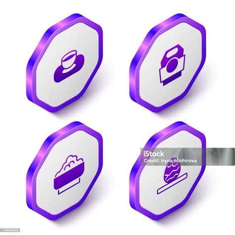 그릇에 아이소메트릭 간장 아시아 국수 종이 상자 쌀과 중국 차 계란 아이콘을 설정합니다 보라색 육각형 버튼 벡터 0명에 대한 스톡 벡터 아트 및 기타 이미지 Istock
