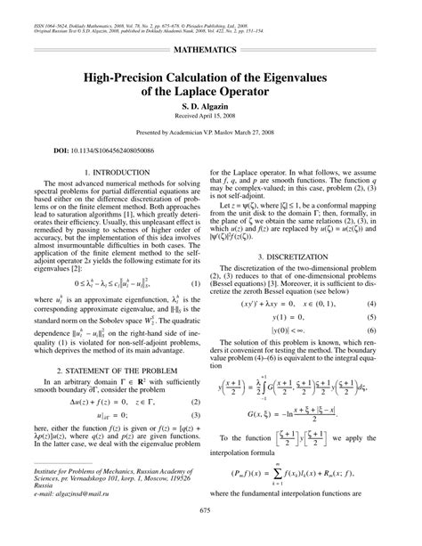 Pdf High Precision Calculation Of The Eigenvalues Of The Laplace Operator