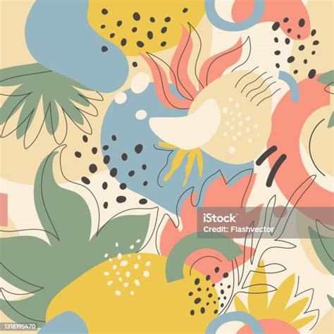 기하학적 모양의 플로럴 추상적 인 원활한 패턴 다채로운 단풍 점 잎 연속무늬에 대한 스톡 벡터 아트 및 기타 이미지 연속무늬 재미 패턴 Istock