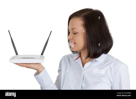 Wireless Modem Router Hardware In Woman Hands On A White Background Stock Photo Alamy