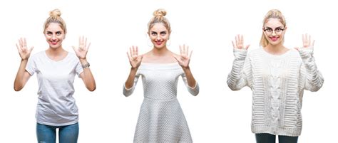 흰색 절연 배경 위에 젊은 아름 다운 금발 여자의 콜라주 표시 하 고 자신감과 행복 웃는 동안 손가락 번호 열을 가리키는 가리키기에 대한 스톡 사진 및 기타 이미지 Istock