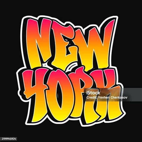 그래피티 스타일의 타이포그래피로 쓰여진 New York이라는 단어는 생생한 색상 그라데이션과 흰색 윤곽선으로 작성되었습니다 0명에 대한 스톡 벡터 아트 및 기타 이미지