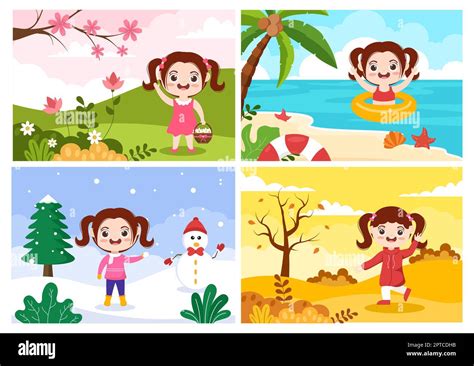 Scenery Of The Four Seasons Of Nature With Landscape Spring Summer Autumn And Winter In