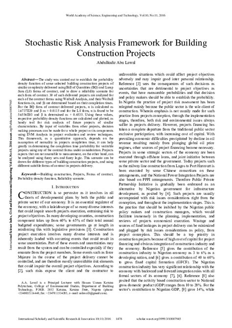 Pdf Stochastic Risk Analysis Framework For Building Construction Projects
