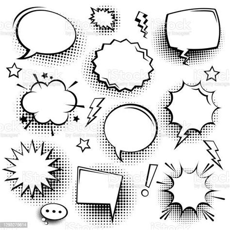 하프톤 그림자가 있는 빈 만화 스피치 버블 컬렉션 손으로 그린 복고풍 만화 스티커 팝 아트 스타일 벡터 일러스트레이션 개체