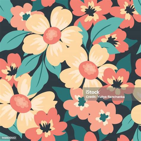 매끄러운 꽃 무늬 작은 분홍색 꽃과 귀여운 꽃 프린트 어두운 검은 배경에 나뭇잎 벡터 0명에 대한 스톡 벡터 아트 및 기타 이미지 Istock