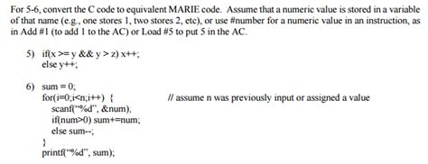 solved for 5 6 convert the c code to equivalent marie code