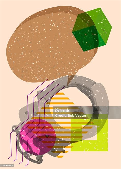 Risograph 기하학적 모양의 말풍선이 있는 수갑 트렌디한 Riso Graph의 개체는 기하학 요소가 있는 질감 스타일 디자인을 인쇄합니다 Brand Name