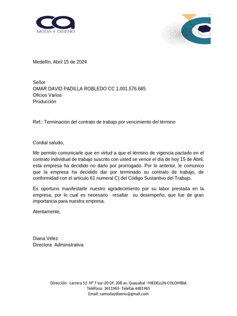 Carta Terminacion De Contrato Pdf
