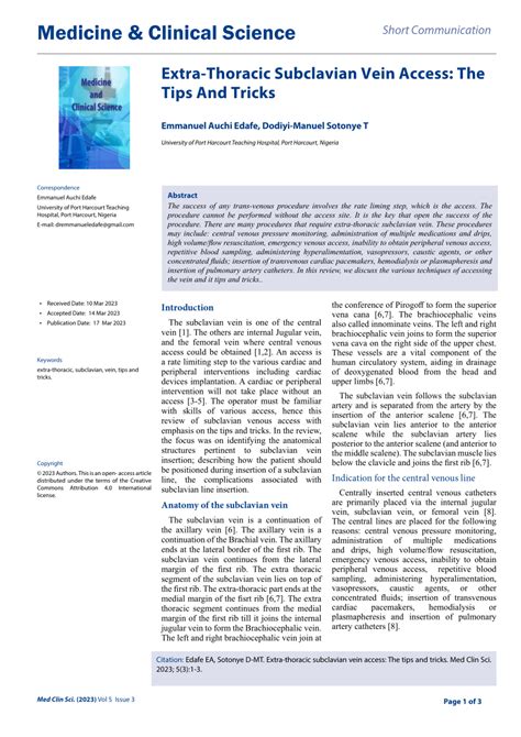 Pdf Extra Thoracic Subclavian Vein Access The Tips And Tricks