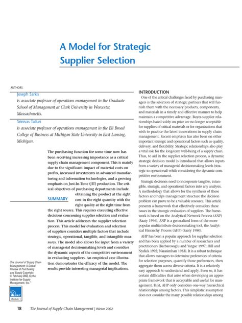 j supply chain manag 2006 sarkis a model for strategic supplier