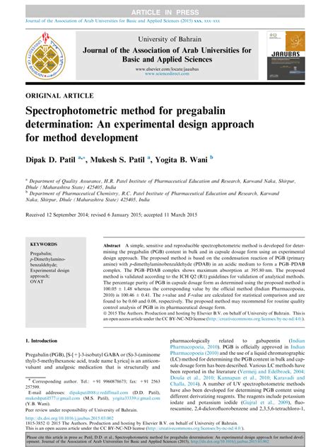 Pdf Spectrophotometric Method For Pregabalin Determination An Experimental Design Approach