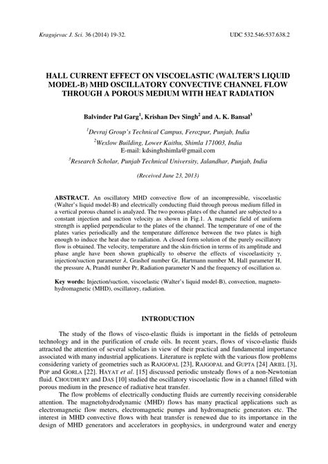 Pdf Hall Current Effect On Visco Elastic Mhd Oscillatory Convective Flow Through A Porous