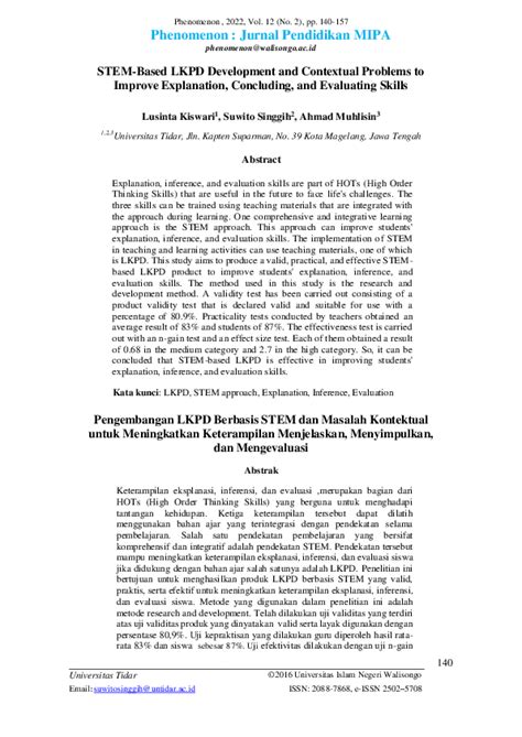 Pdf Stem Based Lkpd Development And Contextual Problems To Improve Explanation Concluding