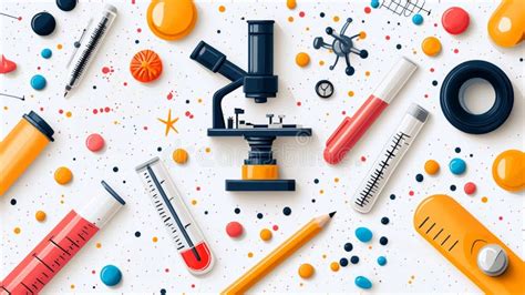 Colorful Lab Table Displays Playful Cartoon Style Test Tubes Microscope And Pencils Surrounded