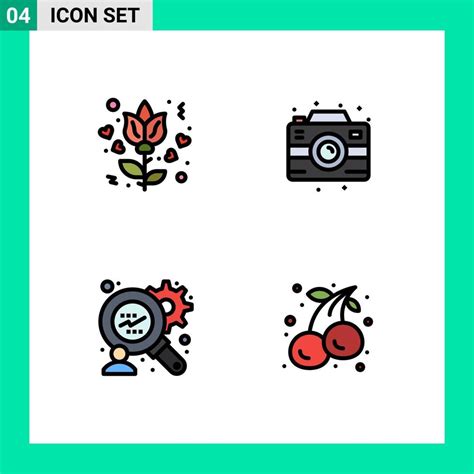 Modern Set Of 4 Filledline Flat Colors And Symbols Such As Flower Cherries Birthday Photo Food