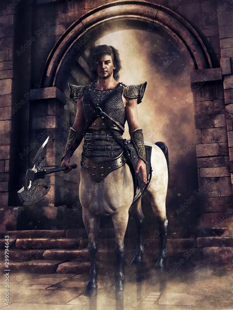 Fantasy Centaur Warrior Standing With A Battle Axe In Front Of A Castle