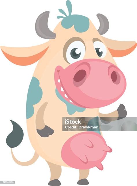 만화 귀여운 흰색 얼룩된 암소 서 웃 고입니다 벡터 그림의 흰색 절연 암소 아이콘 마스코트 인쇄 배너 또는 어린이 책에 대 한 좋은 가축에 대한 스톡 벡터 아트 및 기타