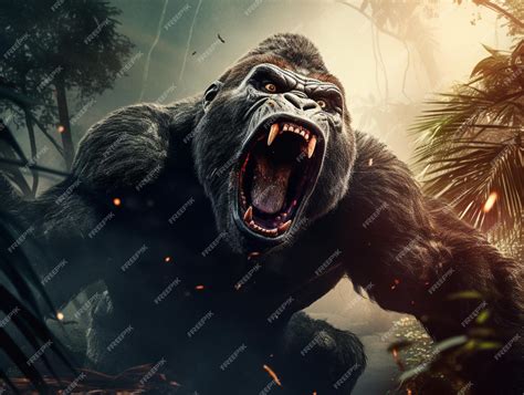Premium Photo Angry Aggressive Gorilla Face In Jungle Scream Illustration