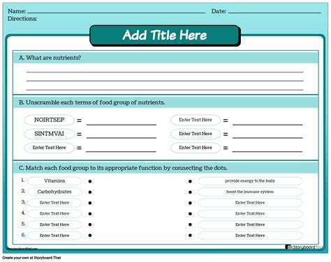 The Six Essential Nutrients Worksheets Storyboard