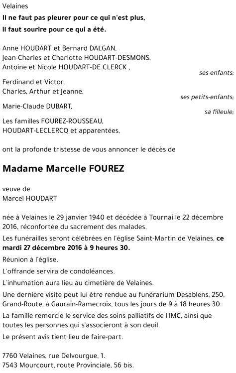 Avis De Décès De Marcelle Fourez Décédé Le 22122016 à Tournai