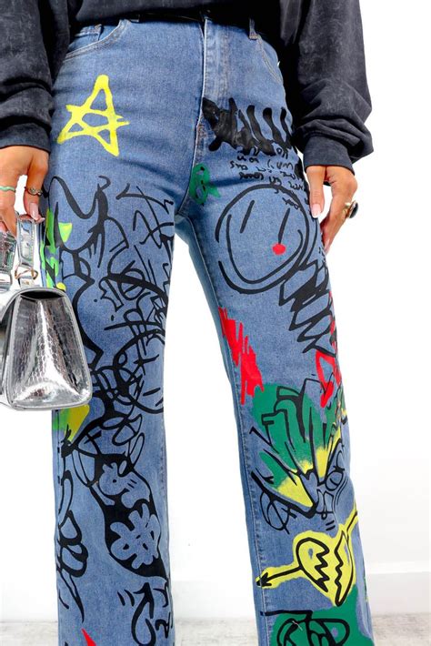 Write My Name Blue Multi Graffiti Wide Leg Jeans Womens In 2024