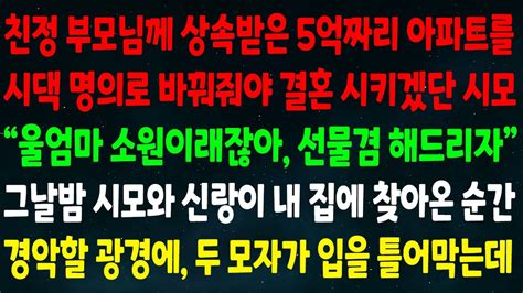 반전신청사연부모님께 상속받은 5억 아파트를 시댁 명의로 바꿔야 결혼 시킨단 시모엄마 소원이래잖아 선물 해드리자두 모자가 찾아온 순간 경악할 광경에 두 모자가 입을