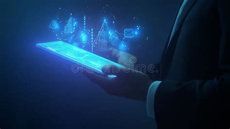 Businessman Using Tablet With Hologram Reporting Analytics And Financial Statistics Stock Image