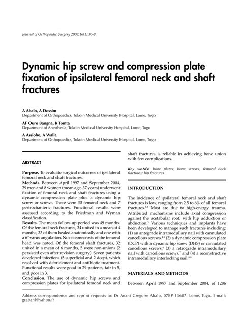 Pdf Dynamic Hip Screw And Compression Plate Fixation Of Ipsilateral Femoral Neck And Shaft