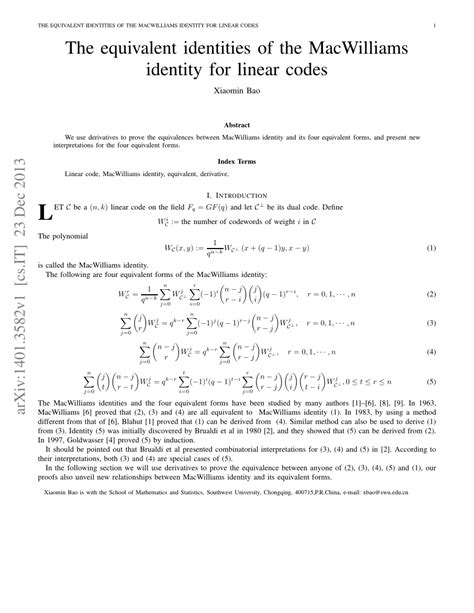 Pdf The Equivalent Identities Of The Macwilliams Identity For Linear