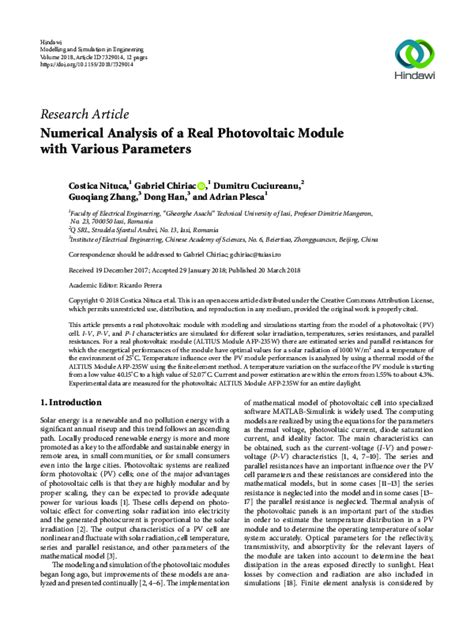 Pdf Numerical Analysis Of A Real Photovoltaic Module With Various