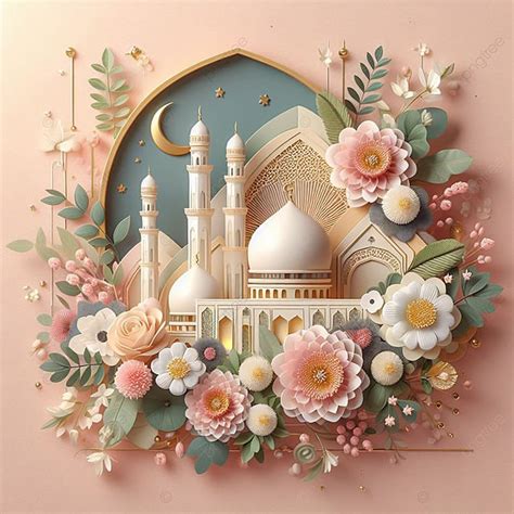 3차원 스타일의 미학적 화려한 파스텔 색상의 모스크와 실제 꽃 이드 배경 삽화 꽃 3d 배경 일러스트 및 사진 무료 다운로드 Pngtree