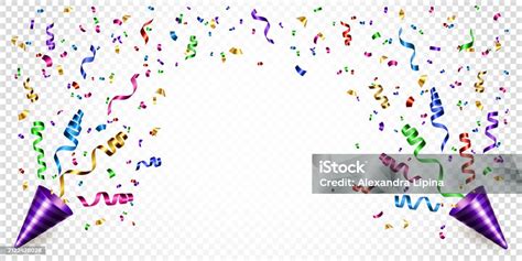 사실적인 파티 포퍼 화려한 리본 및 색종이 조각이 있는 벡터 테두리 초대장 인사말 카드 기념일 또는 생일을 위한 기치를 위한 장식 구조 3차원 형태에 대한 스톡 벡터 아트