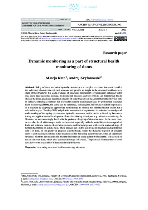 Pdf Dynamic Monitoring As A Part Of Structural Health Monitoring Of Dams