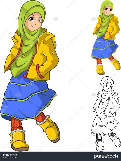 مد دختر مسلمان با چادر یا روسری سبز با ژاکت و چکمه زرد شامل طرح تخت و