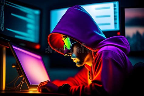 The Cyber Crime Hacker On The Computer System In The Dark Room Stock